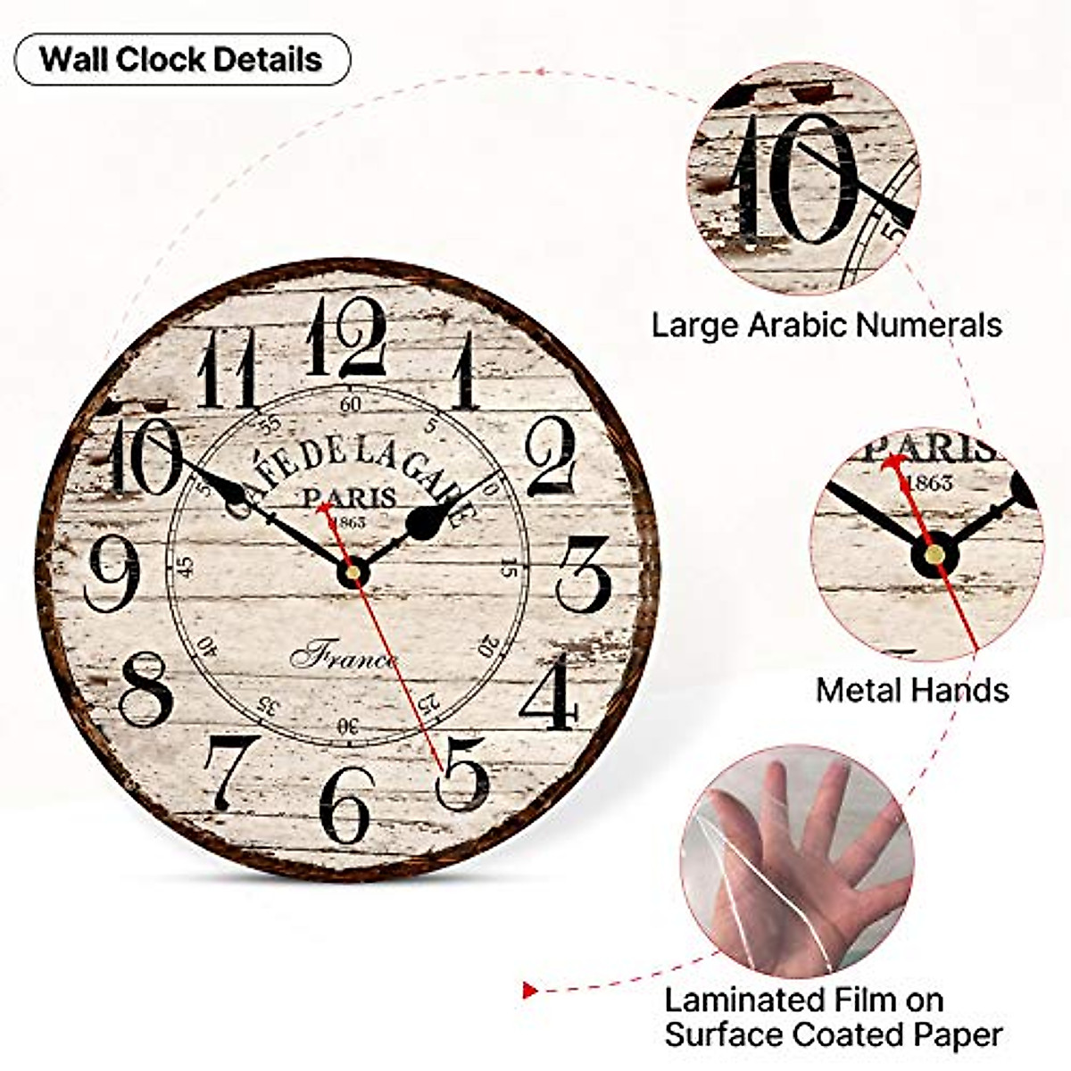 Toudorp Retro Wall Clock 14 Inch French Country Paris Cafe Style Rustic Wall Clock Round Silent Non-Ticking Wooden Quartz Wall Clocks Easy to Read Arabic Numerals Quality Quartz Wall Clock