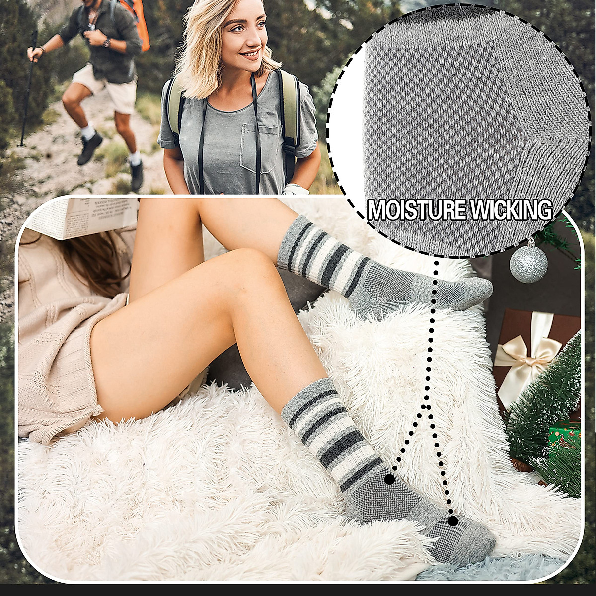 EBMORE Womens Merino Wool Hiking Socks Thermal Warm Winter Boot Crew Cushion Work Gift Socks 5 Pairs(Striped-A,M)