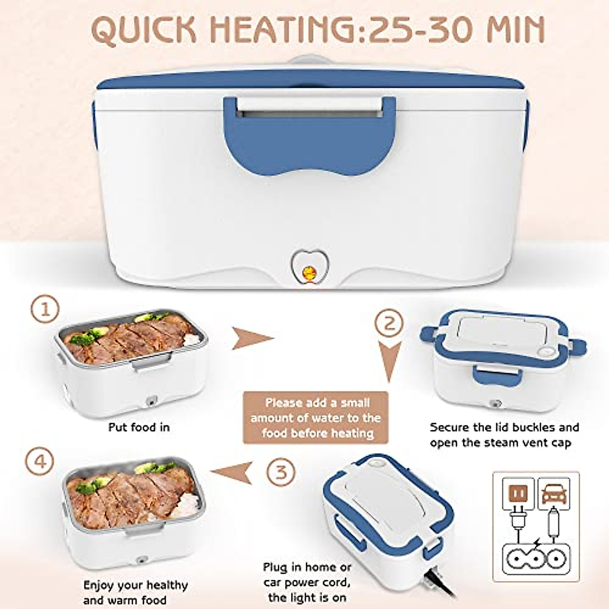 Electric Lunch Box Food Heater - 2-In-1 Portable Food Warmer Lunch Box for Car & Home – Leak proof, 2 Compartments, Carry Bag, removable 304 Stainless Steel Container