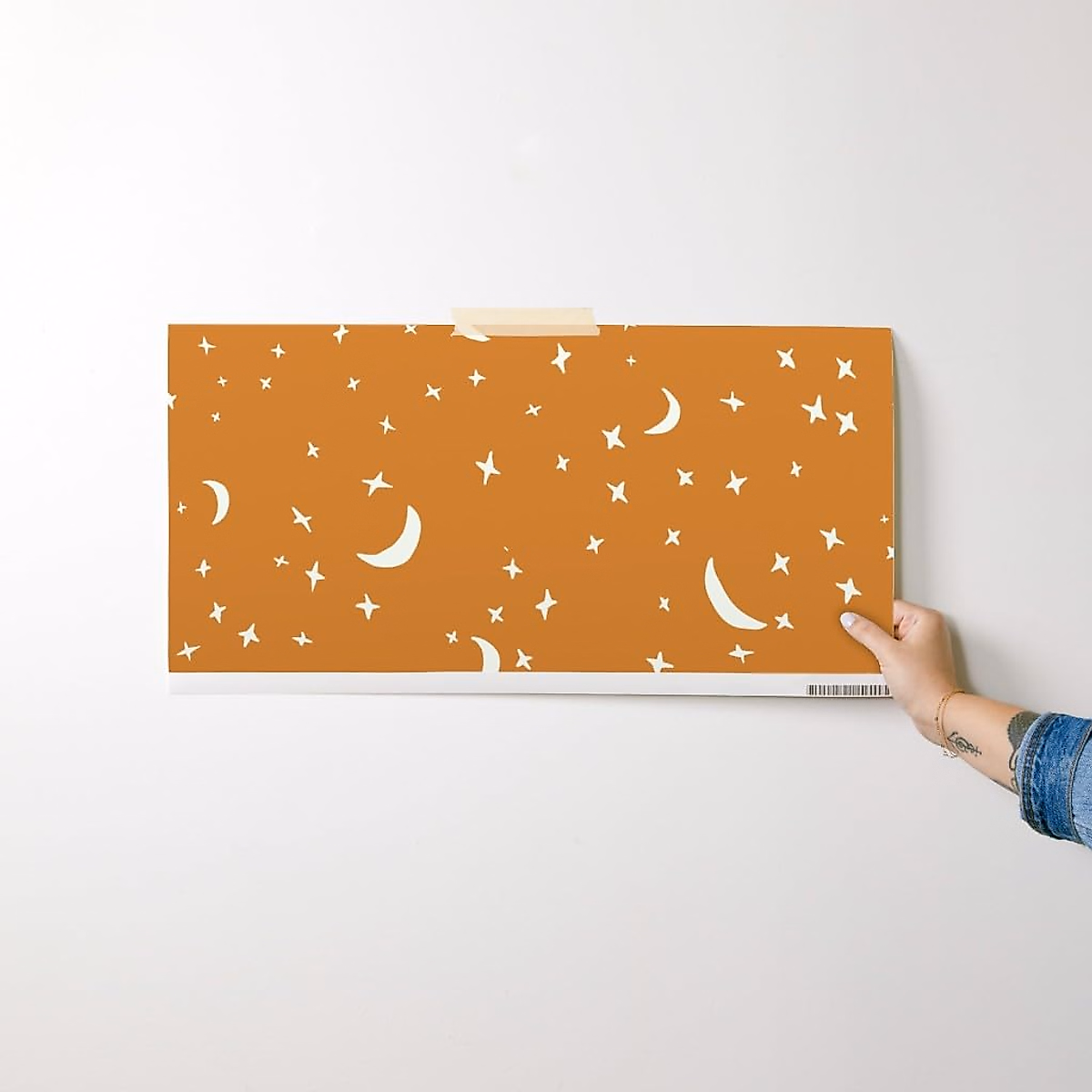 Peel & Stick Wallpaper Swatch - Boho Astrological Burnt Orange Autumn Fall Halloween Celestial Stars and Moon Custom Removable Wallpaper by Spoonflower