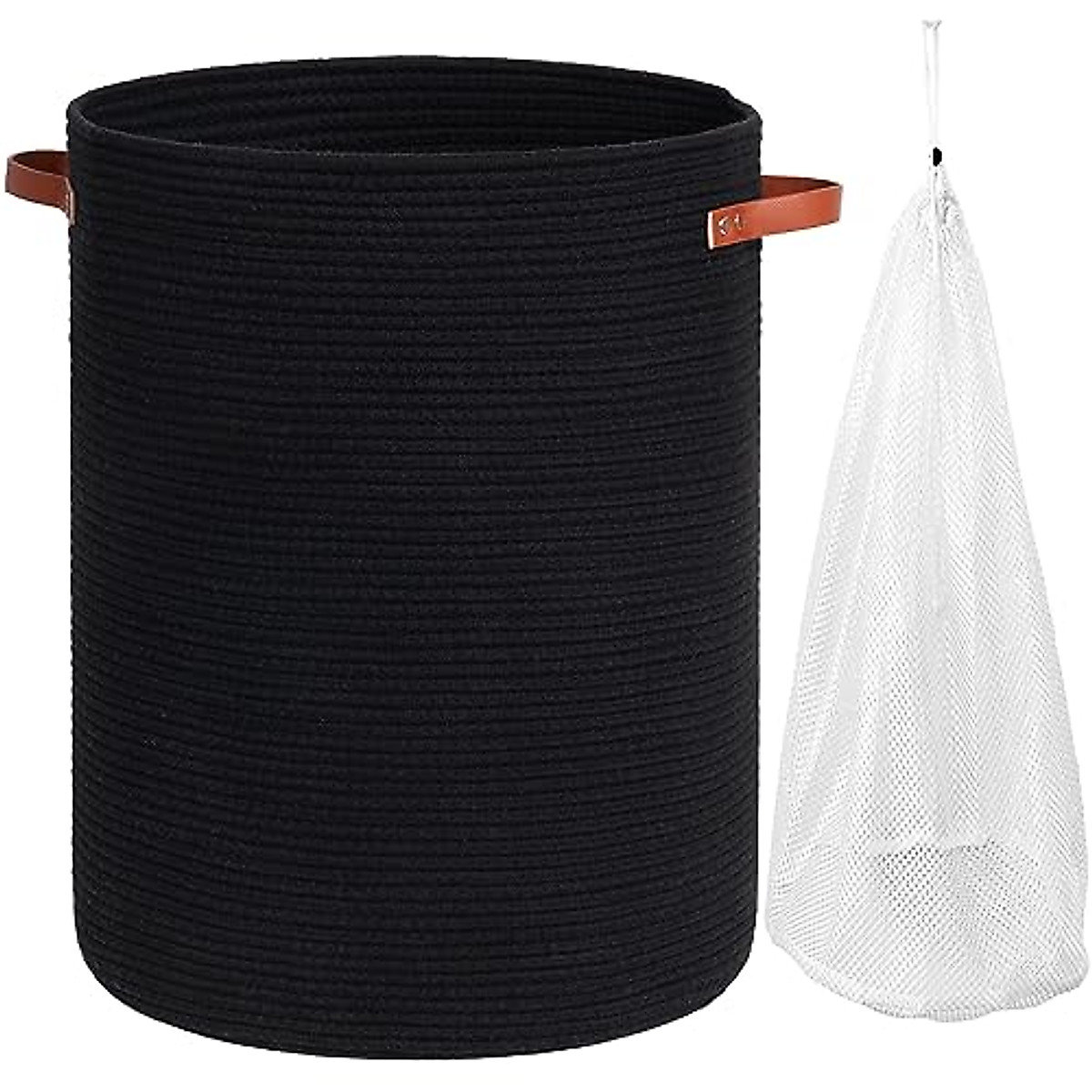 Goodpick Large Laundry Basket, 60L Tall Laundry Hamper with laundry Bag for Blankets, Clothes, Black Rope Laundry Basket for Living Room, 15 x 20 Inches