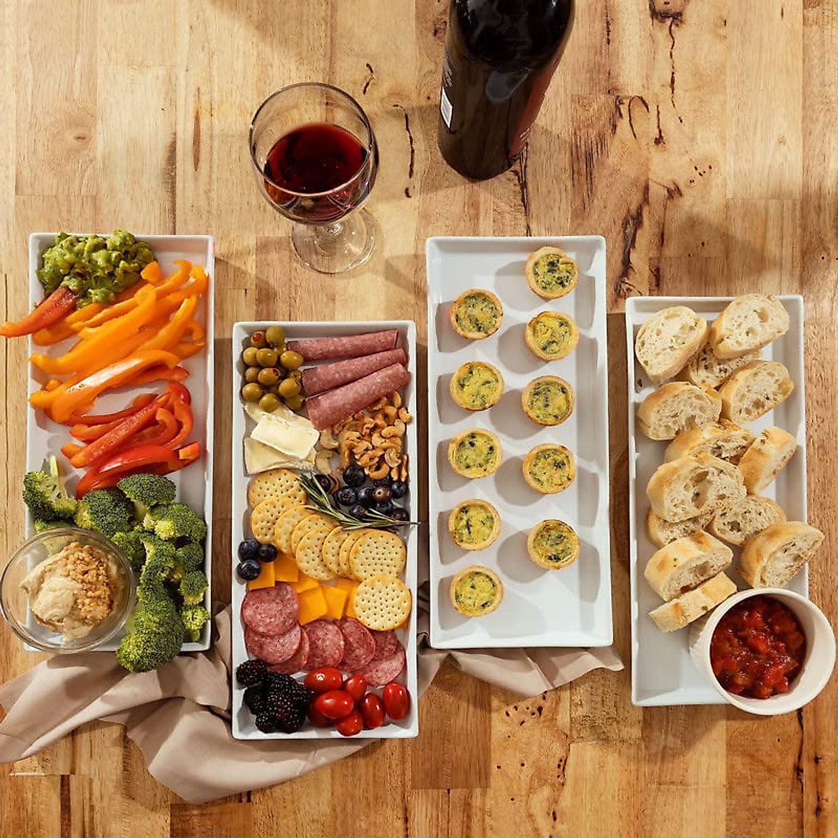 White Ceramic Serving Platters (14 x 6 Inch Rectangle Plates) Serving Dishes for Entertaining, Food, Appetizers, Desserts, Cheese Board, Charcuterie, Sushi - Set of 4 Party Serving Trays