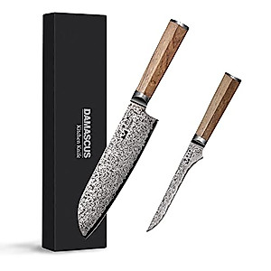 Santoku Knife 7-inch, Boning Knife 5.5 inch Damascus VG-10 Cutting Core 67-Layer Damascus Professional Kitchen Knife with Natural Wood Handle and Gift Box Best Chef’s Gift