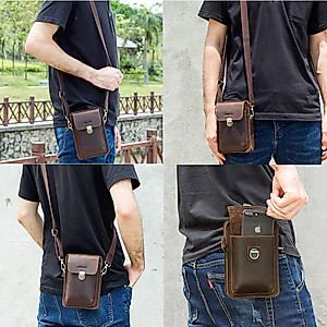 Hiram Men's Leather Phone Bag for iPhone SE, Leather Waist Bag for Men, Men's Crossbody Bag for Cellphone, Small Leather Shoulder Bag for Men-Coffee