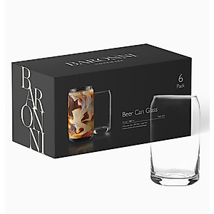 BARONNI Can Shaped Drinking Glasses for Iced Coffee & Tea - 16oz Clear Tumbler Drinkware - Set of 6 Cups for Soda, Water, Whiskey, Beer and Cocktails