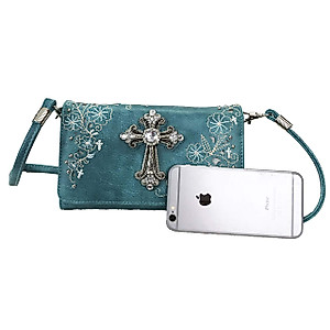 Zzfab Rhinestone Cross Embroidered Floral Western Cross Wallet Turquoise