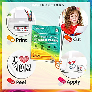 PAPERVISUAL Printable Permanent Vinyl Paper - 20 Sticker Sheets For Printer - Matte White Waterproof Sticker Paper - Thick Tear-Resistant Sticker Printer Paper - Laser, Inkjet Printable Sticker Paper
