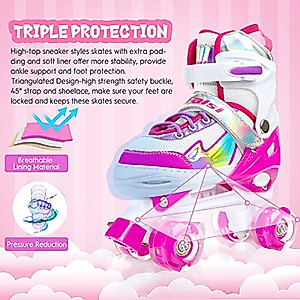 Roller Skates for Girls Boys Kids, Black Pink Purple 4 Sizes Adjustable Kids Roller Skates with Light up Wheels and Shining Upper Design, Roller Skates for Toddler Kids Ages 4-13