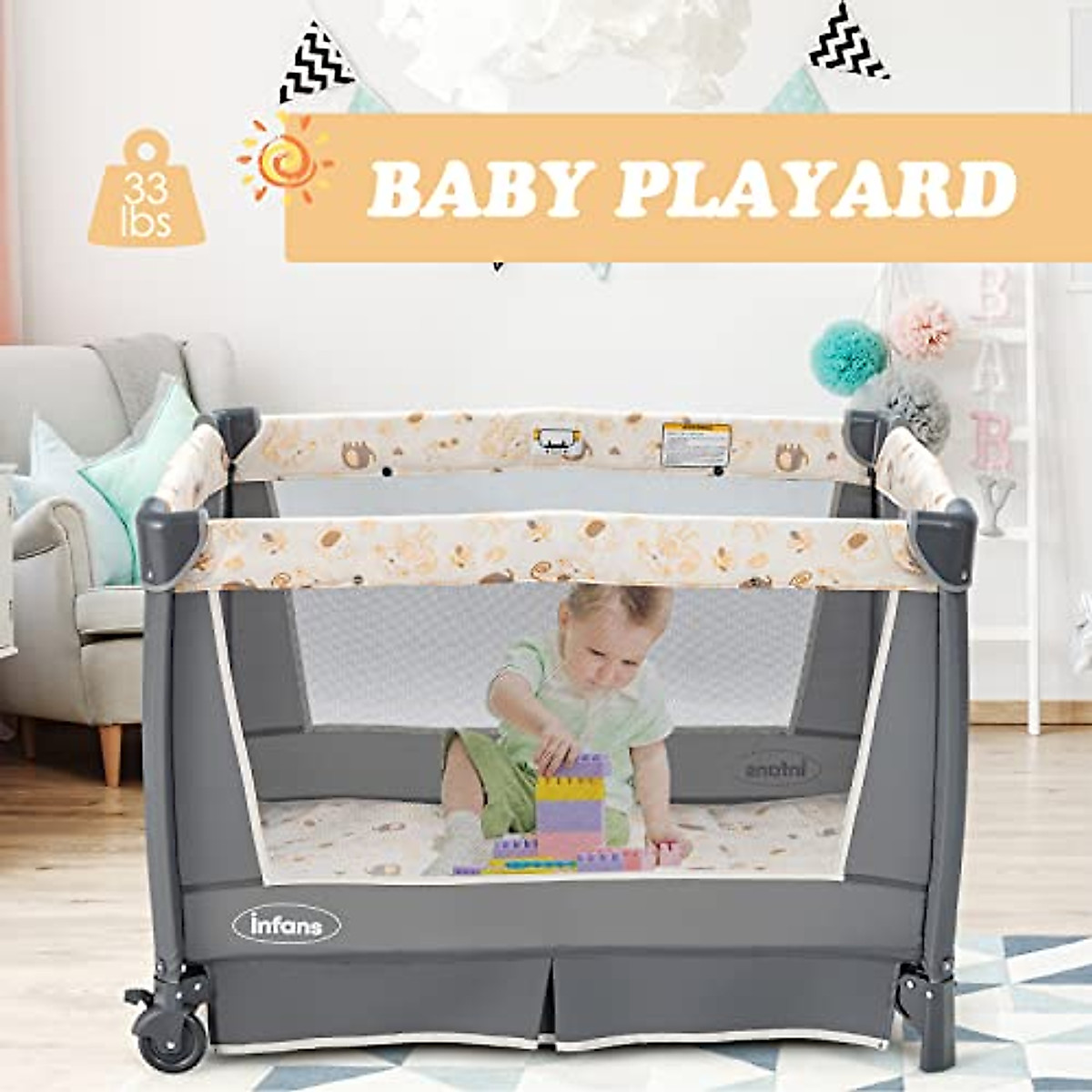 INFANS 4 in 1 Pack and Play, Portable Nursery Center for Baby Kid Infant, Comfortable Playard with Bassinet, Mattress, Diaper Changer, Cradle, Travel Bag, Toys, Music Box, Storage Basket(Monkey)