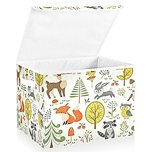 Storage Bins with Lids Foldable Storage Baskets Storage Cubes Collapsible Closet Organizer Containers with Cover Cute Woodland Animals Trees Mushrooms and Berries for Home Office Organizer Closet, She