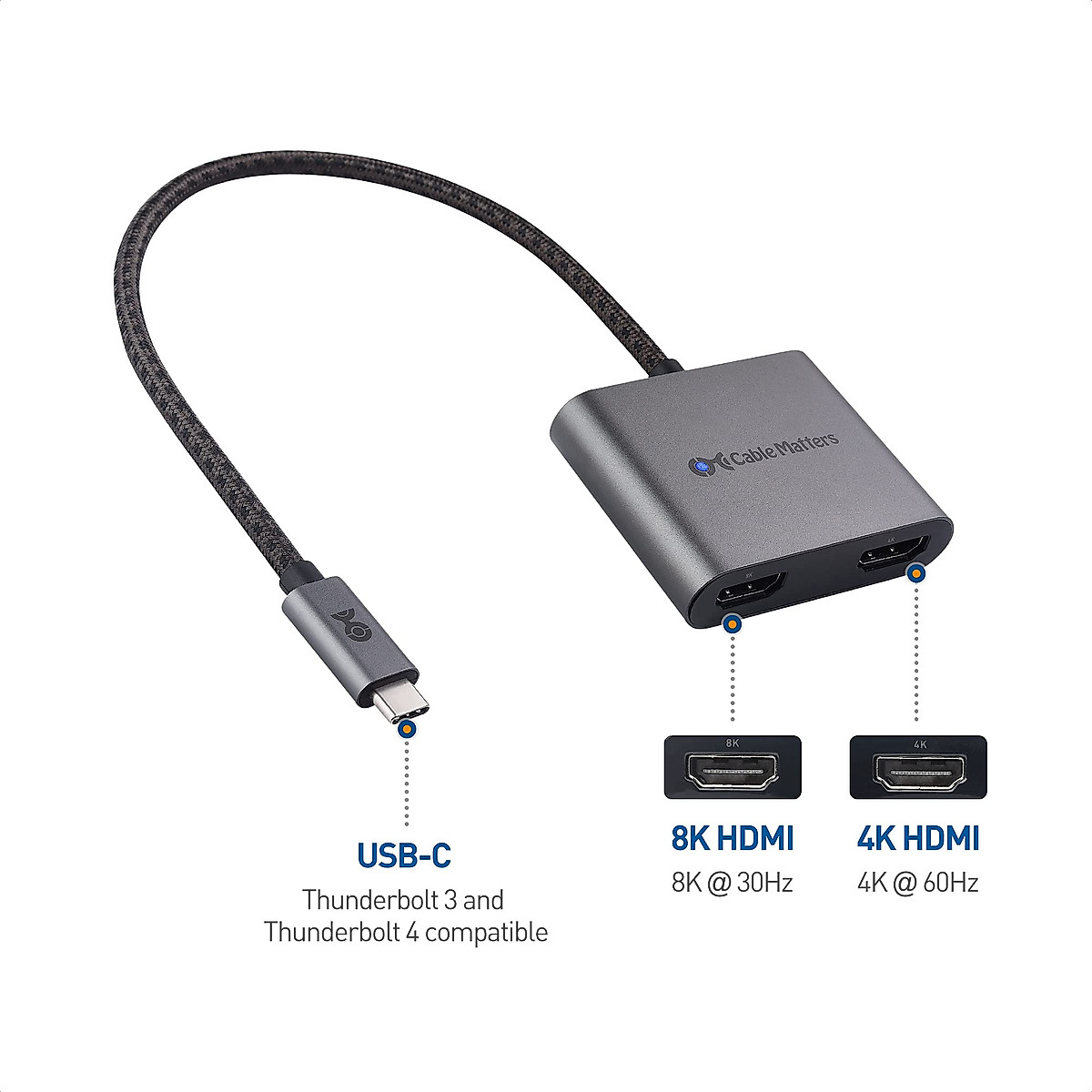 Cable Matters USB-C to HDMI Adapter, 8K or Dual 4K @60Hz, Gray