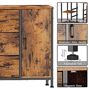 Furnulem Industrial Storage Cabinet with 3 Drawers,2 Shelves and Door,Wood Furniture, Accent Cabinet for Books/Document/Decoration in Home Office,Bedroom, Entryway,Kitchen,Metal Frame