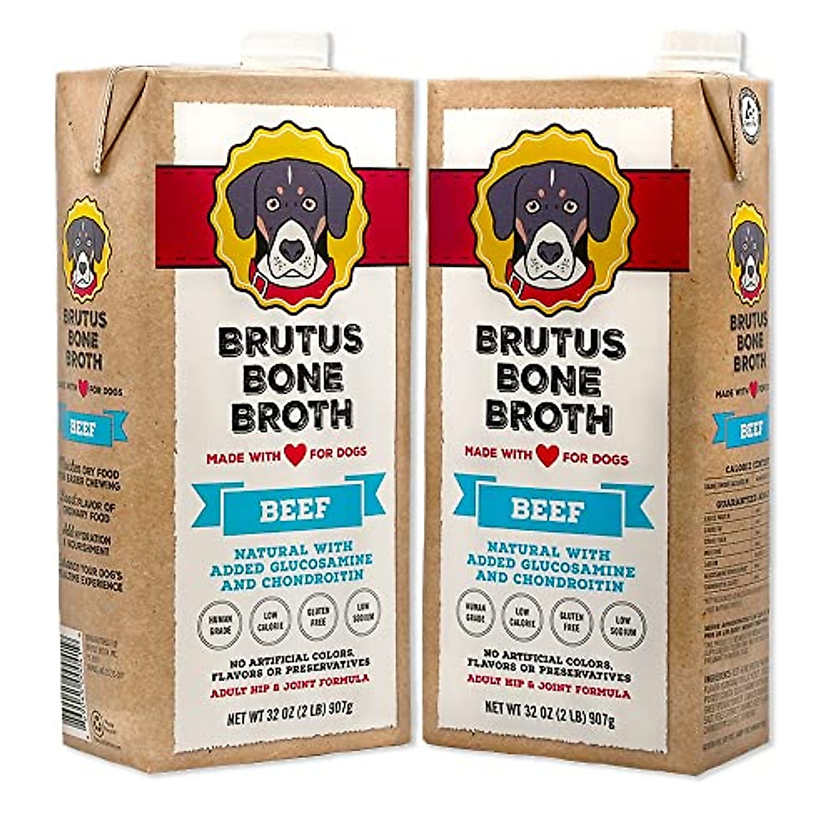 Brutus Bone Broth for Dogs 64 oz | All Natural | Made in USA | Glucosamine & Chondroitin for Healthy Joints | Human Grade Ingredients | Hydrating Dog Food Topper & Gravy (Beef, 2-Pack)