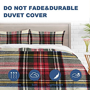 Batmerry Scottish Tartan King Size 3 Pieces Bedding Comforter Sets,Soft Fluffy Square Green Wool Plaid Pattern Printed PolyesterDuvet Cover for All Season