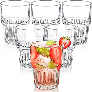 DEAYOU 6 Pack Drinking Glasses Set, 12 OZ Clear Striped Iced Tea Water Glass Cup, Stackable Rocks Glasses, Thick Tempered Glass Tumbler with Heavy Base for Juice, Milk, Cocktail, Spirits, Daily Use