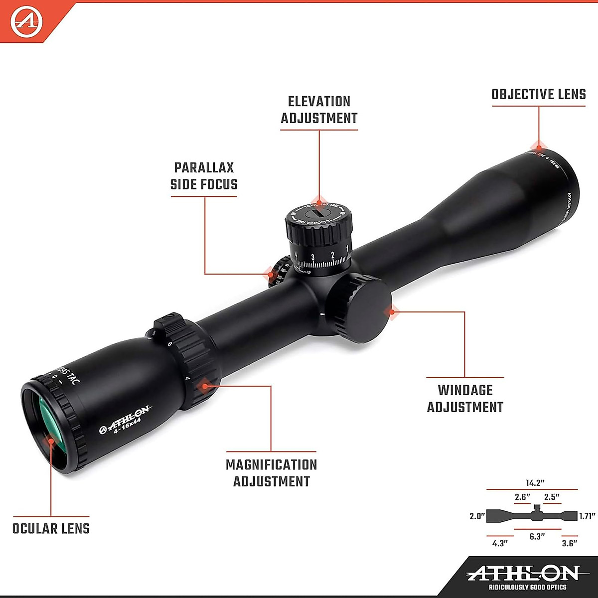 Athlon Optics Midas TAC HD 4-16x44 F1 30mm Tube ZeroStop Shockproof Weatherproof Hunting Long-Range Target Shooting Gun Scope | APRS2 FFP MIL Reticle