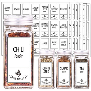 SWOMMOLY 36 Glass Spice Jars with 806 White Spice Labels, Chalk Marker and Funnel Complete Set. Square Bottles 4 oz Empty Spice Containers, Airtight Cap, Pour/sift Shaker Lid