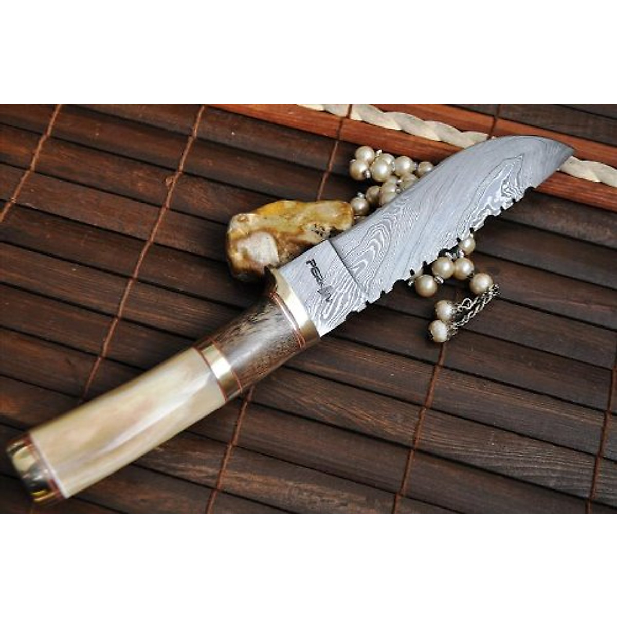 Perkin - Custom Handmade Damascus Hunting Knife - Bone & Burl Wood Handle