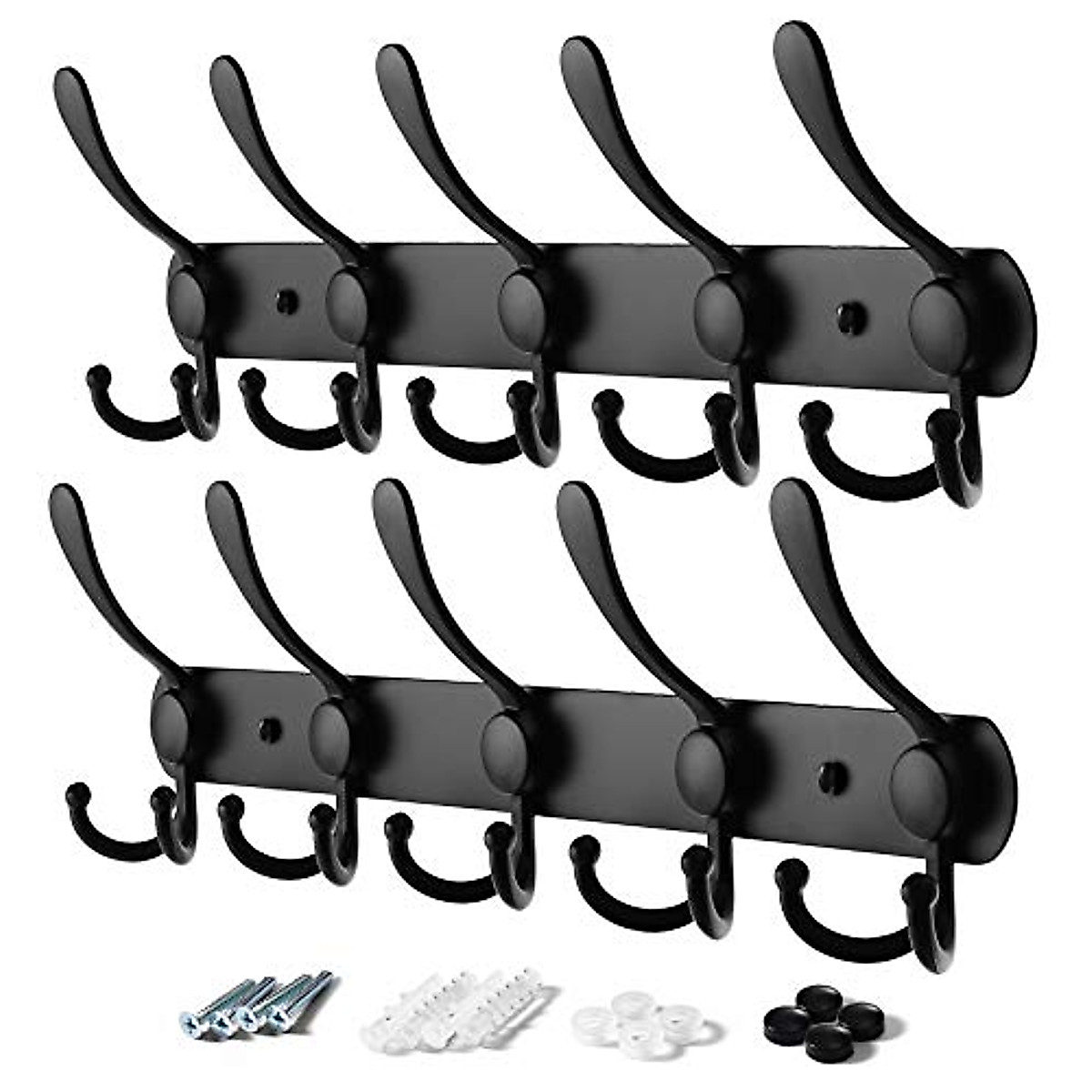 VASGOR 2pcs Heavy Duty Wall Mount Coat Hook, Stainless Steel Rack of 5 Tri Hooks for Coats, Towels, Purse Robes Keys and Hats Multi Purpose for Kitchen, Bedroom, Bathroom, Entryway (Black)