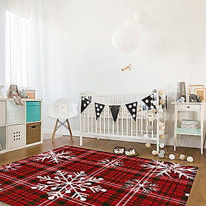 Merry Christmas Area Rug Indoor Carpet 2"x3", Winter Snowflakes On Red and Black Plaid Anti-Slip Low-Pile and Soft Accent Rug for Living Room Dining Room Bedroom