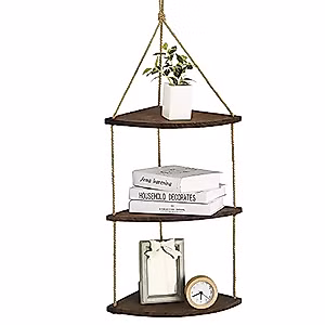 Sand Mine 3 Tier Wood Hanging Corner Shelf, Floating Wall Swing Storage Shelves, Wall Shelf Plant Shelf Rope Shelf Storage Shelf Swing Shelf Floating Shelves Handmade Shelves, Dark Brown