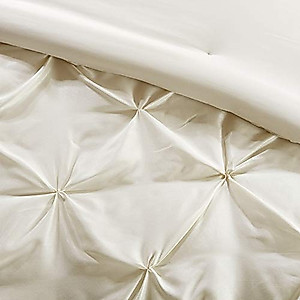 Madison Park Essentials Room in a Bag Faux Silk Comforter Set - Luxe Diamond Tufting All Season Bedding, Matching Curtains, Decorative Pillows, Ivory Queen(90"x90") 24 Piece