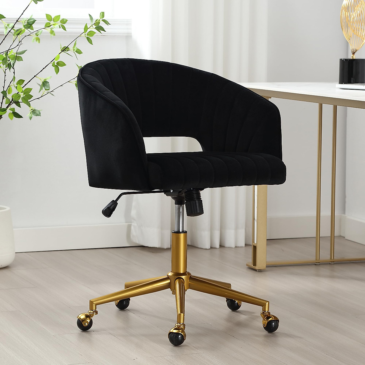 ABET Desk Chair with Wheels, Velvet Home Office Chair, Swivel Armchair Gold Base, Upholstered Modern Accent Chairs, Back Incline Adjustable for Living Room Bedroom Vanity, Black