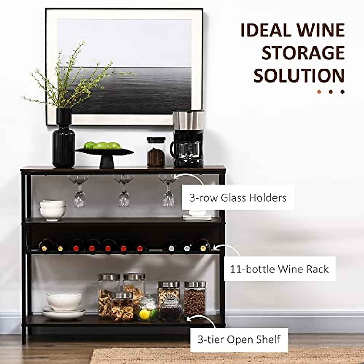 HOMCOM Industrial Wine Rack with 11-Bottles Holder, Free Standing Wine Shelf with Glass Holders for Home Bar, Kitchen, Dark Brown
