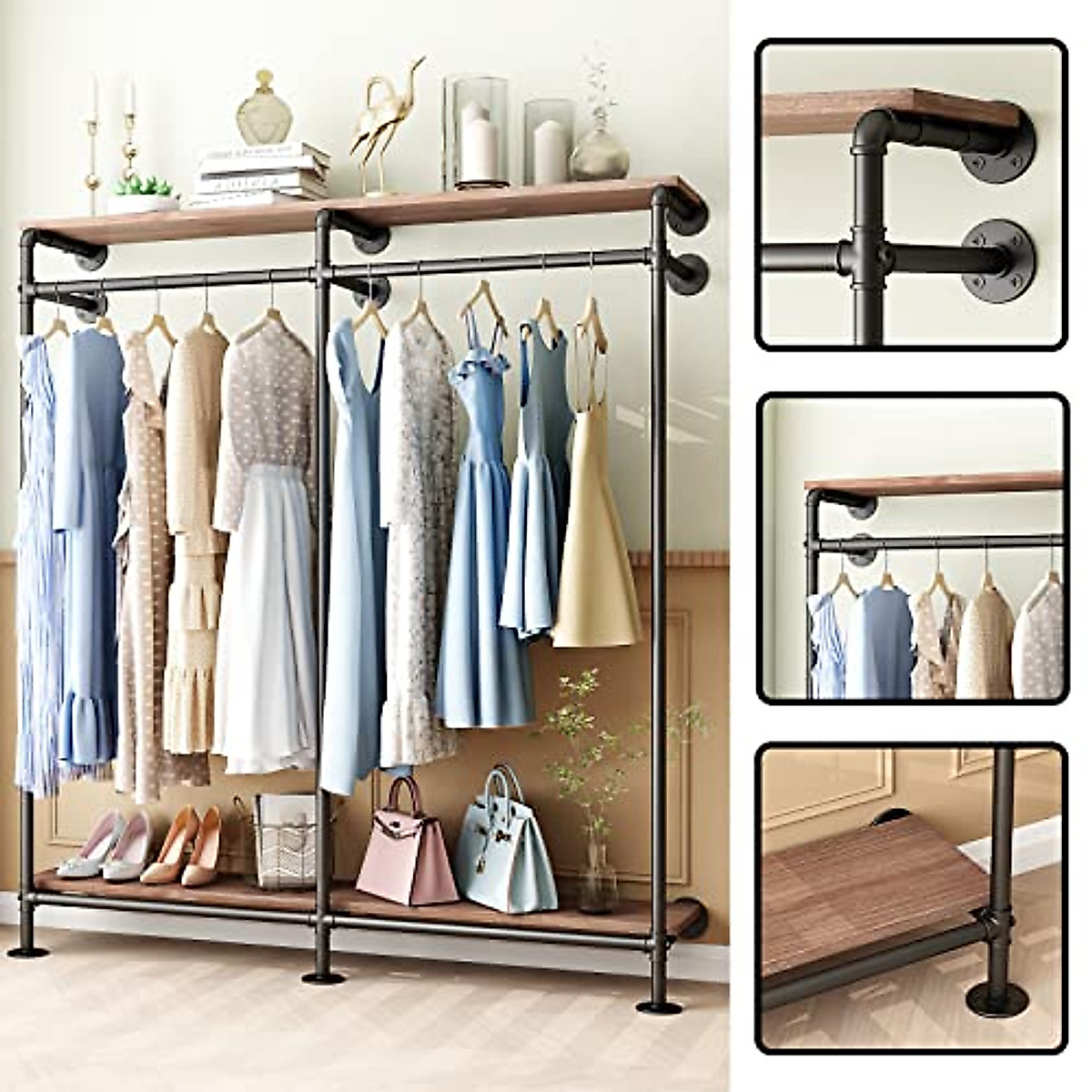 IronJiaZu Industrial Pipe Clothes Racks with 2 Shelves, Industrial Pipe Black Clothing Rack with Double Hanging Rods, Heavy Duty Wall Mounted Clothing Rack Rod for Closet Storage, Bedroom