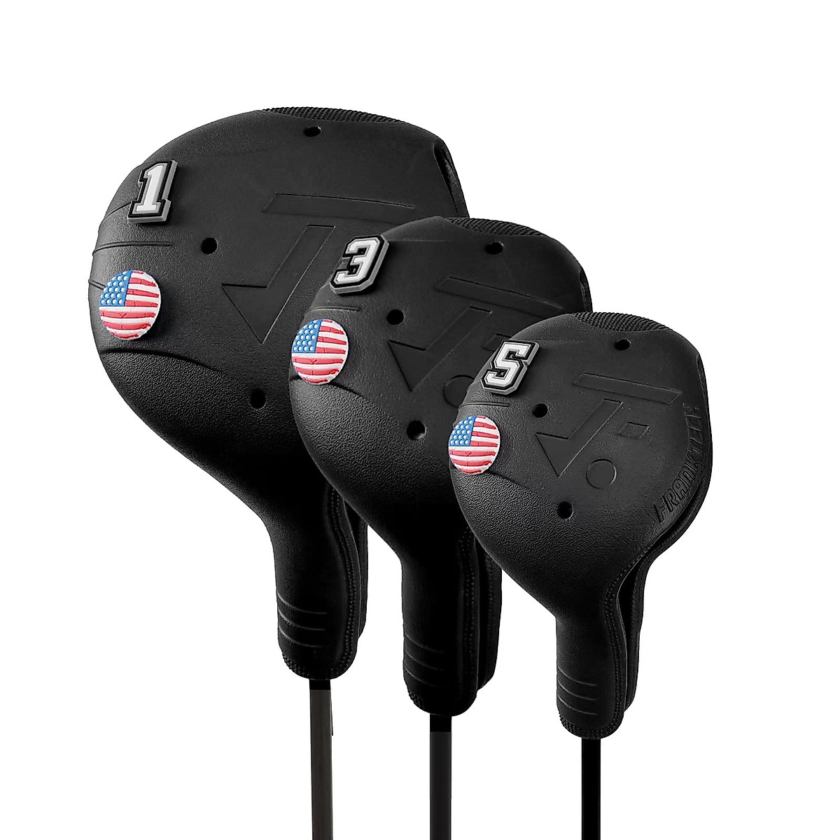 FRANKTECH Golf Club Covers 3pcs and 10pcs USA Flag Pins, Plastic Golf Head Covers for Driver Fairway Woods Hybrid, Driver Headcover Fit All Right-Handed Golf Clubs, Easy On Off, Washable, Funny