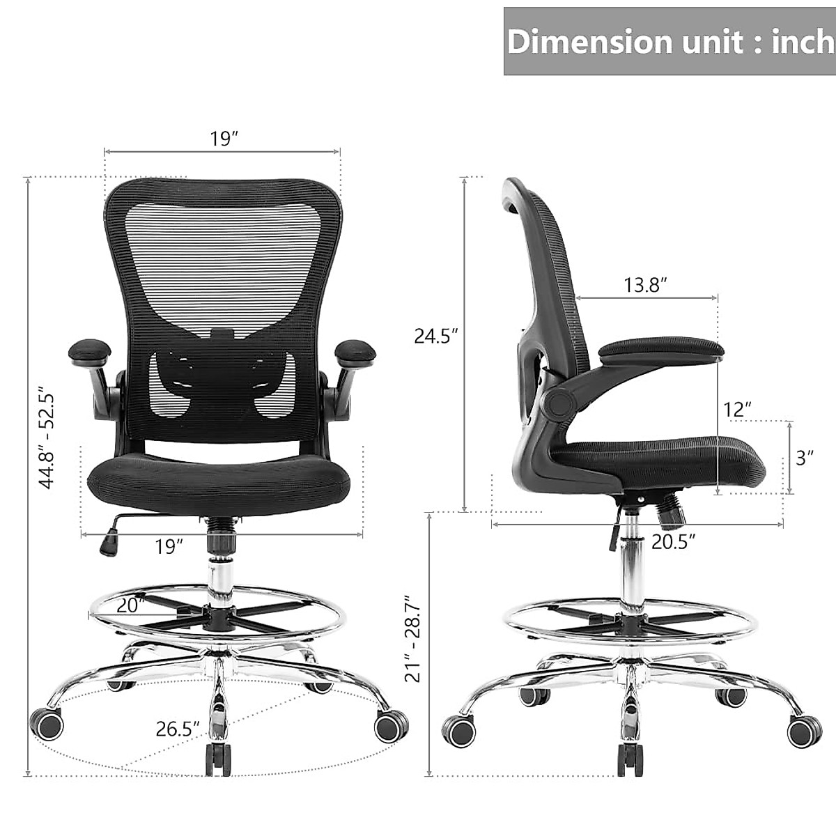 Hramk Ergonomic Office Drafting Desk Chair with Flip up Arms, Mesh Back Tall Office Chair with Adjustable Lumbar Support and Foot Ring (Metal Wheelbase, Black)