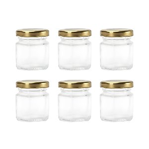 Rormket 1.5oz 6Pack Mini Glass Hexagon honey Jars Gold Lids, Jam Honey Dipper，Wedding Favors，Baby Food，Candle，Crafts Canning Jar，Glasses jar (Golden)