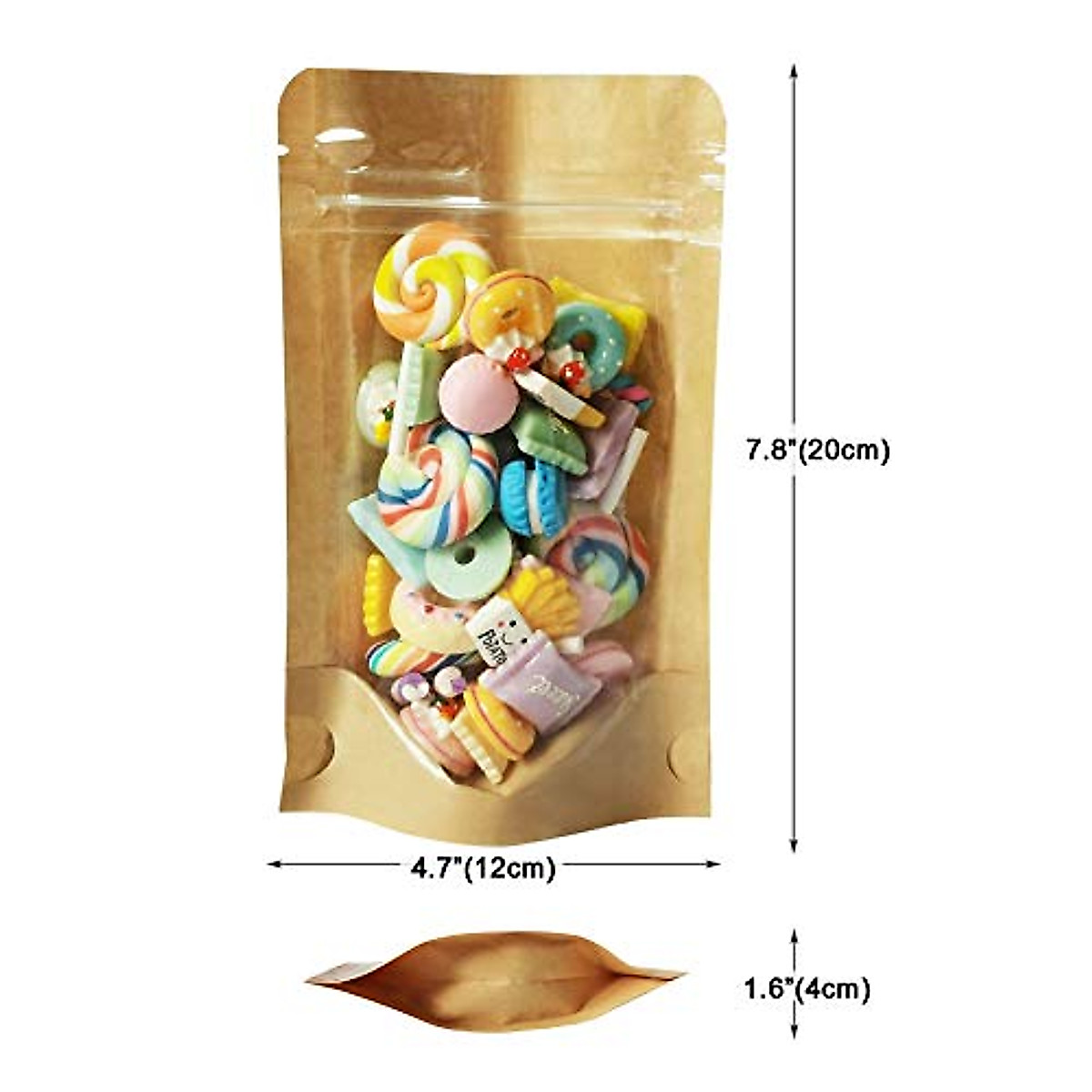 Couga Mall All-Purpose Kraft Paper Stand Up Bag, Zip Lock Reusable Kraft Package Bag Storage Pouch with Notch and Clear Front for Storing Seeds, Snack and Nuts – Brown – 50 PCS (4.7”7.8”(1220cm))