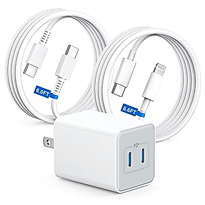【2023 New】 40W USB-C Wall Charger, [MFI Certified] Dual Port 20W PD 3.0 USB Type C Fast Charging Block Plug Adapter with 2X6FT Charging Cable for iPhone 14 13 12 11 Pro Max, iPad Pro, Samsung Galaxy