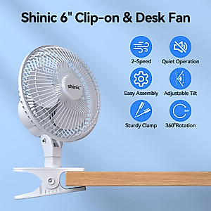 shinic 2 Pack 6-inch Clip on Fan with Strong Clamp,Powerful Airflow,Adjustable Tilt,Quiet Cooling Desk Fan with 6 ft Cord for Home,Office,Car,Stroller,Garage,Greenhouse,Gyms and Workshops,White
