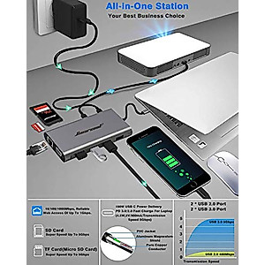 Hiearcool USB C Hub, USB-C Laptop Docking Station, 11IN1 Triple Display Type C Adapter Compatible for Dell Hp Lenovo Windows (2HDMI VGA PD3.0 SD TF Card Reader Gigabit Ethernet 4USB Ports)