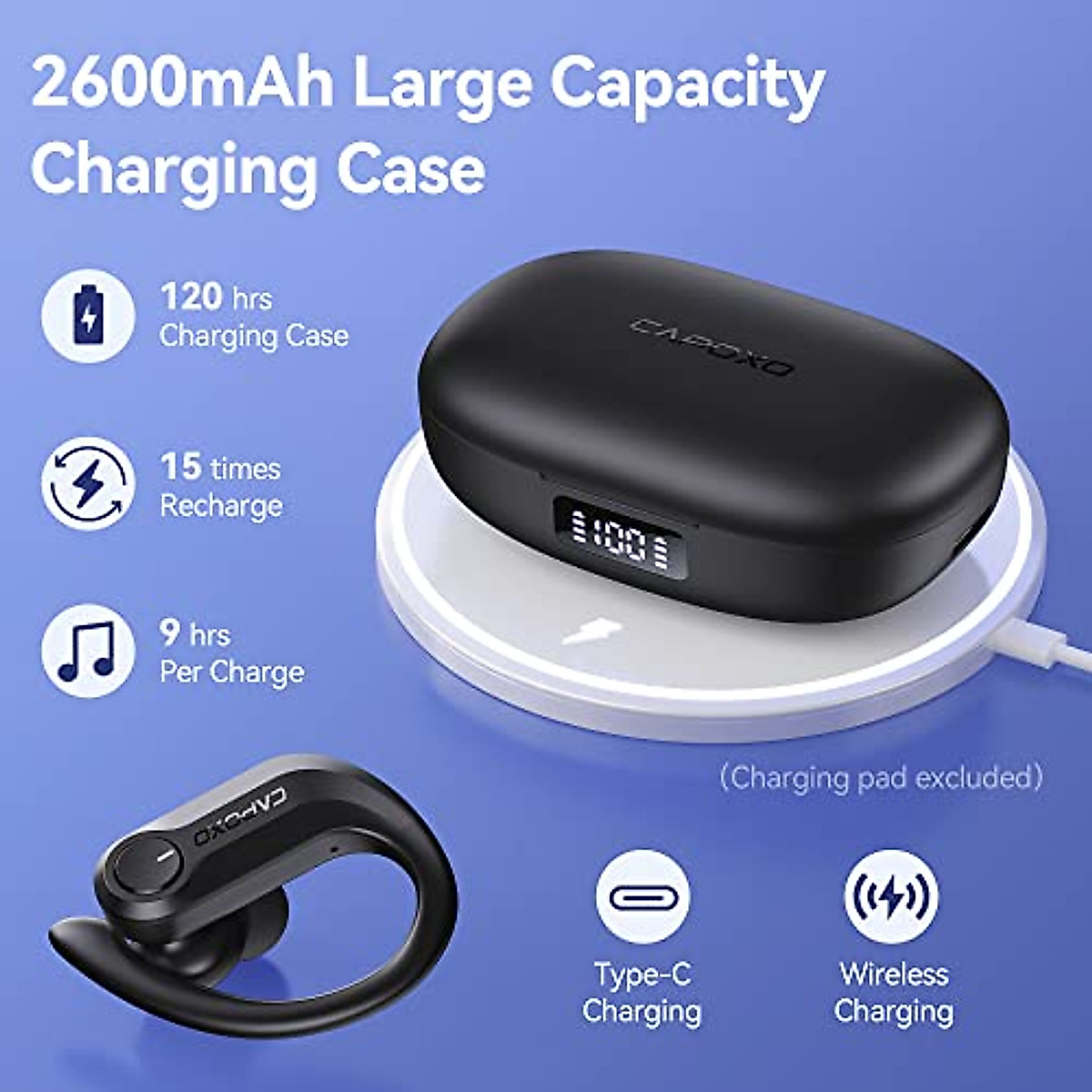CAPOXO Bluetooth Headphones Wireless Earbuds 120Hrs Playtime IPX7 Waterproof Sports Earphones 2600mAh Wireless Charging Case Headset with Over-Ear Earhooks LED Power Display Mics for Workout Black