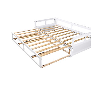 Wooden Daybed Extendable Bed, Twin to King Daybed Frame with Trundle Bed and 2 Storage Drawers, Sofa Bed for Bedroom Living Room (White)
