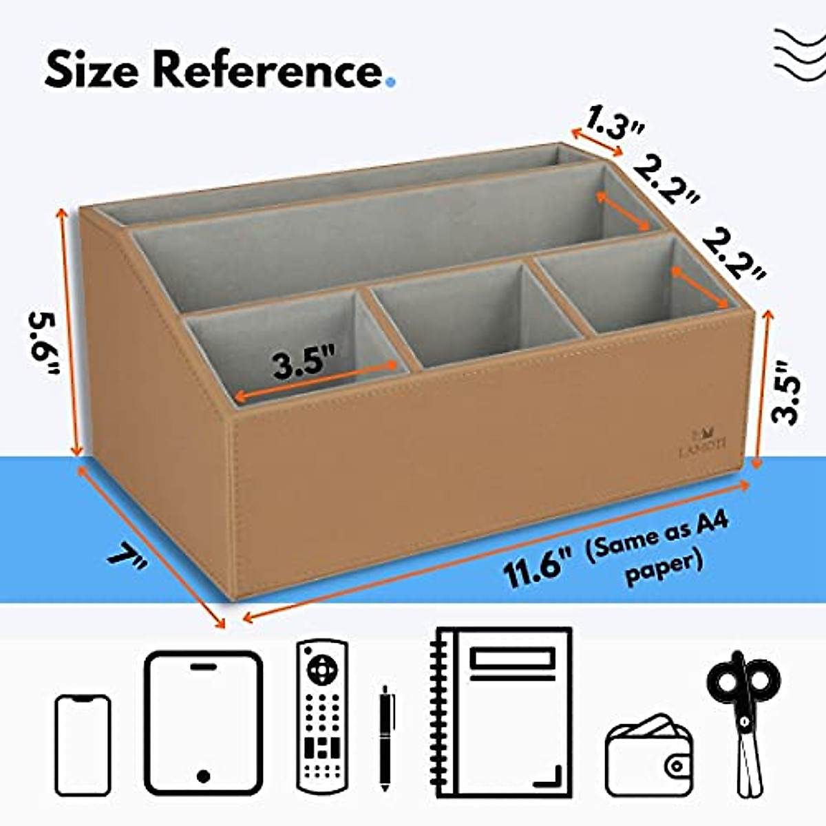 LAMOTI Leather Desk Organizer with a 4" Coaster, Large Capacity 5 Compartments Desktop Unifier, Handcrafted (Black)