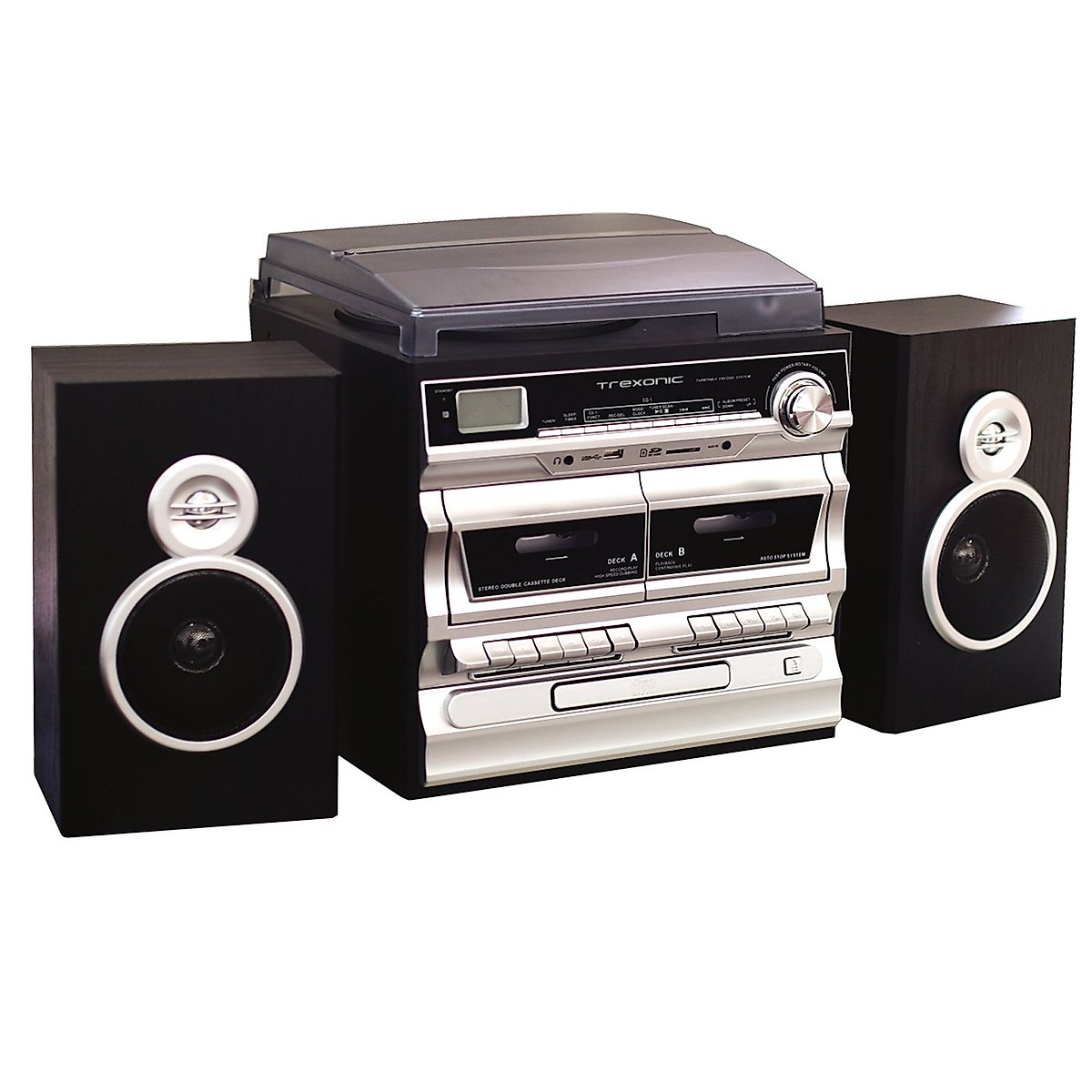 Trexonic 3-Speed Turntable with CD Player, Double Cassette Player, Bluetooth, FM Radio & USB/SD Recording