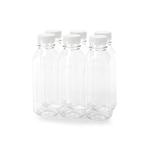 (6) 16 oz. Clear Food Grade Square Plastic Juice Bottles with White Tamper Evident Caps 6/pack