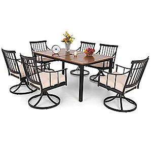 PHI VILLA Metal Patio Dining Det 6,7 Piece Metal Outdoor Dining Table Set - 1 Rectangle Expanding Dining Table and 6 Swivel Chairs Garden Outdoor Chairs