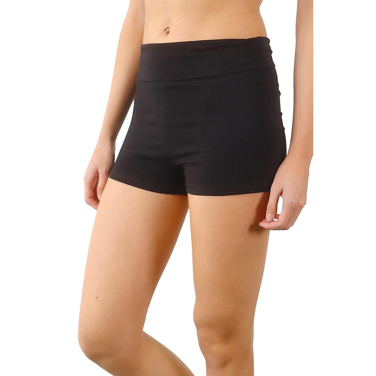Pure Look Women’s Fold Over Waist Stretch Cotton Active Yoga Shorts, Large, Black