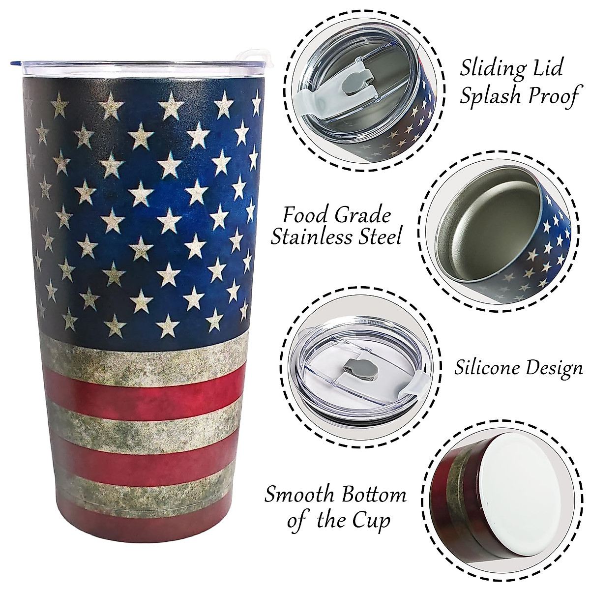 DENNSHH 4th of July American Flag Tumbler 20oz Stainless Steel Patriotic Cup Memorial Veterans Father's Independence Day BBQ Camping Outdoor Travel with Lid Double-Wall Vacuum Insulated