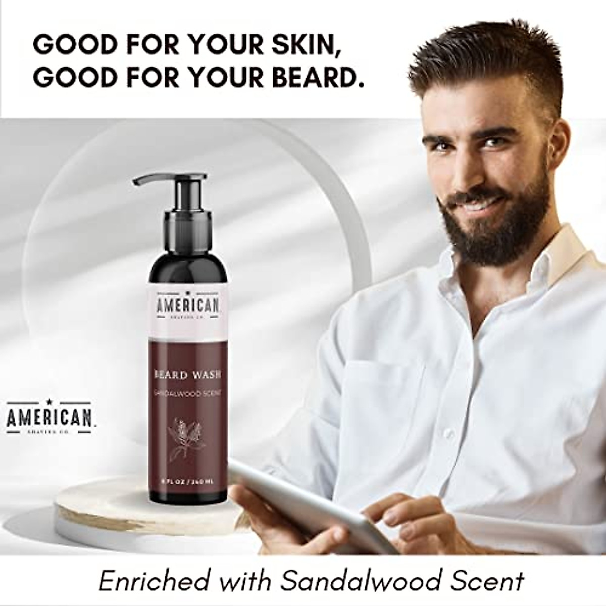 American Shaving Co Beard Wash with Sandalwood Scent, Jojoba Oil & Argan Oil, Soothing & Moisturizing Beard Care For All Types of Skin & Beard Hair, Softens and soothes the Beard itches, A Sandalwood scent infused Natural Beard Cream, 8 Oz