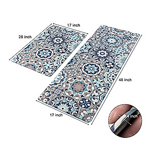 Jabogrii Anti Fatigue Kitchen Mat Set of 2 Blue Cushioned Kitchen Rugs Comfort Floor Mat PVC Waterproof Non Slip Kitchen Carpet Rug Runner for Sink Laundry 17"x48"+17"x28"