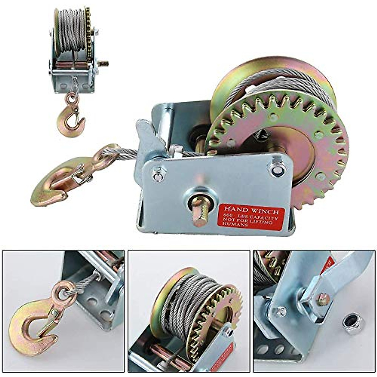 SoB 600lbs Capacity Heavy Duty Hand Winch, Hand Crank Strap Gear Winch with 8m Steel Wire, Manual Operated Two-Way Ratchet ATV Boat Trailer Marine (600LBS)