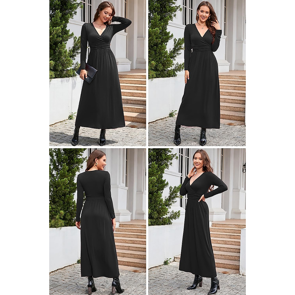 OUGES Womens Long Sleeve Black Dress V-Neck Wrap Waist Fall Formal Maxi Dress Winter Dresses for Women 2025(Black,XL)