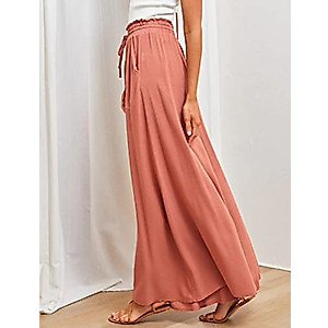 Xiaowhite Linen Pants for Women High Waisted Elastic Drawstring Wide Leg Trousers Casual Gaucho Beach Flowy Palazzo Pants for Women Dressy Spring Summer Boho Clothes Outfits 2023(Orange,XL)