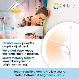 OttLite LED Standing Floor Lamp with Adjustable Flex Neck - Dimmable with 3 Brightness Levels & Energy Efficient Natural Daylight LEDs - Stable Base for Living Room, Dorm, Bedroom, Office & Workshop